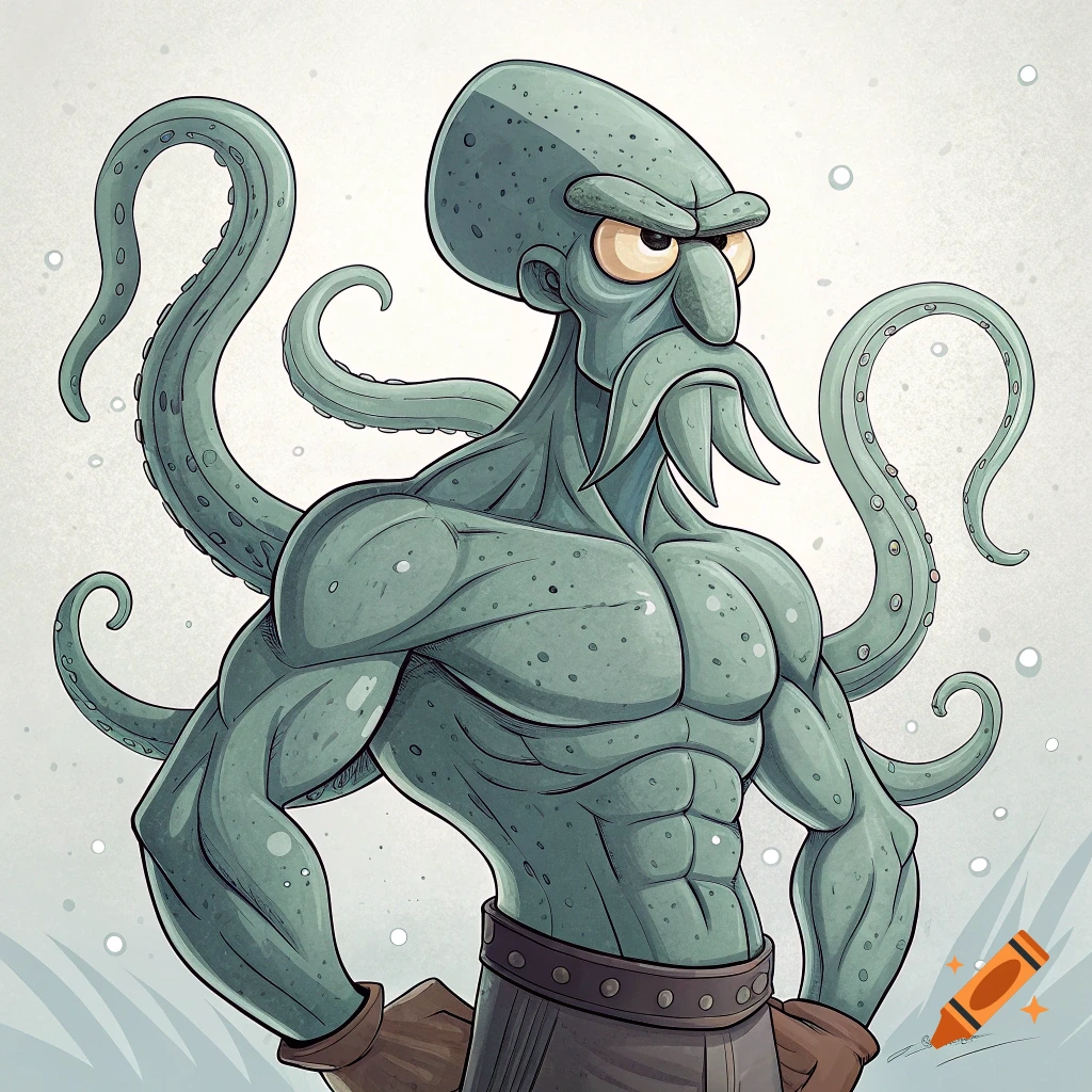 Cartoon illustration of a muscular green octopus character (Squidward ...