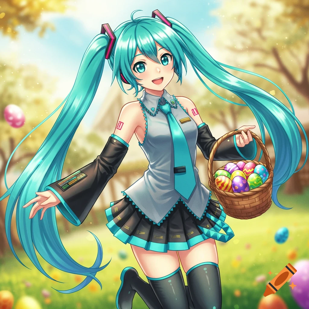 Hatsune Miku holding a basket of Easter eggs on Craiyon