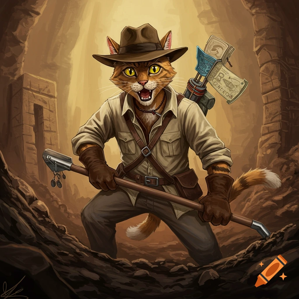 Feline archaeologist in Indiana Jones outfit digging for clues on Craiyon