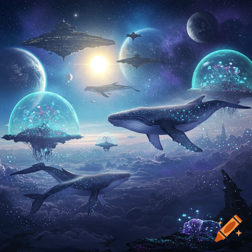 Skyline blending into space with orbital rings, space stations ...