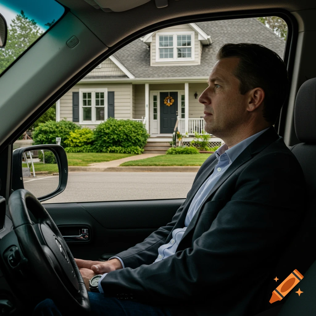 Photorealistic image of a man in a suit sitting in a car looking out ...