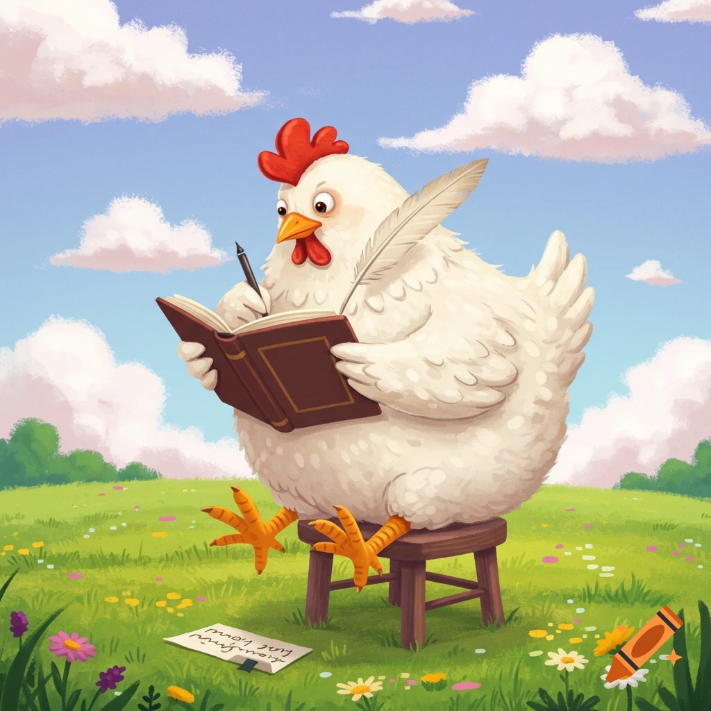 Cartoon chicken writing in a book with a quill pen in a grassy field on ...