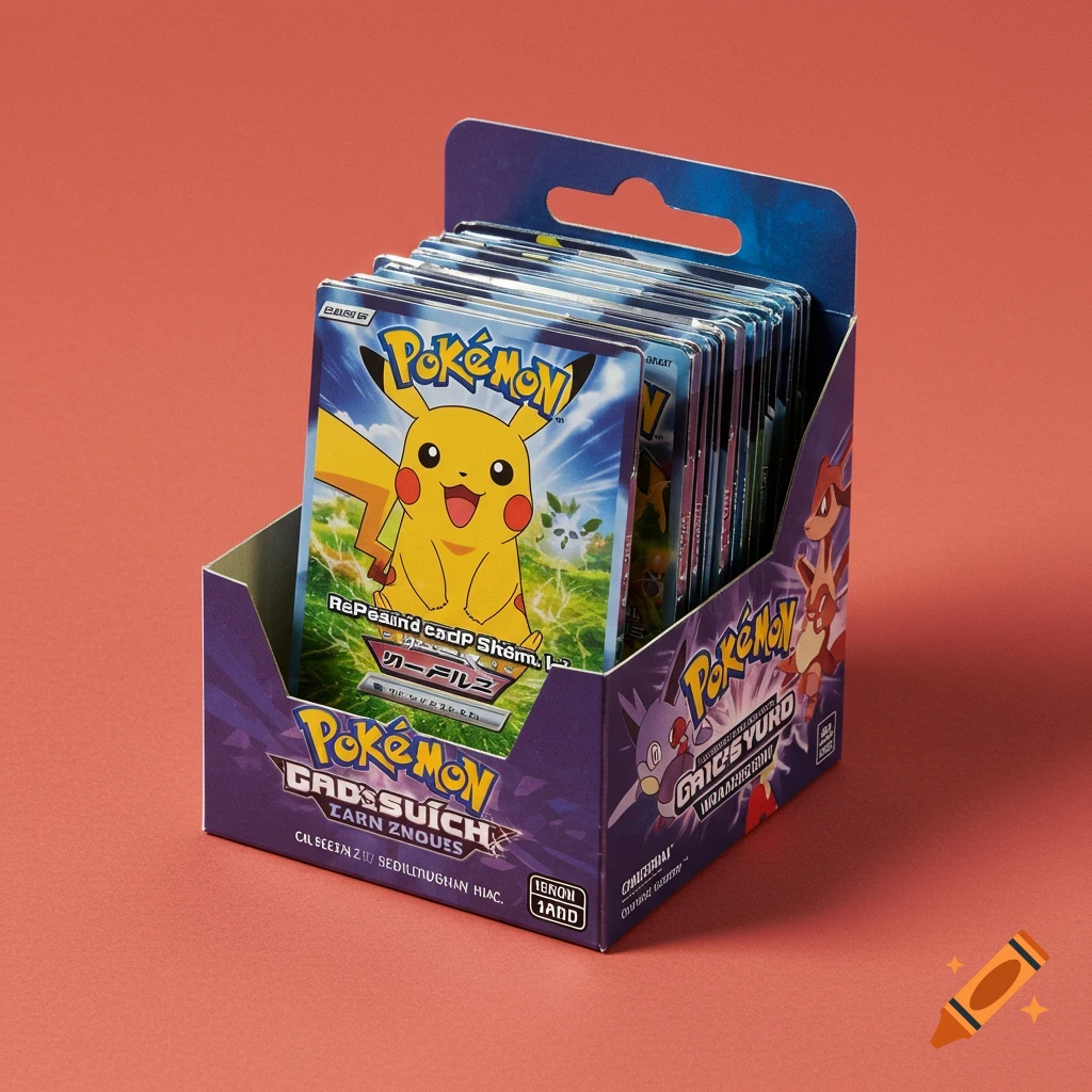 Pikachu with Pokemon packs in a box on Craiyon