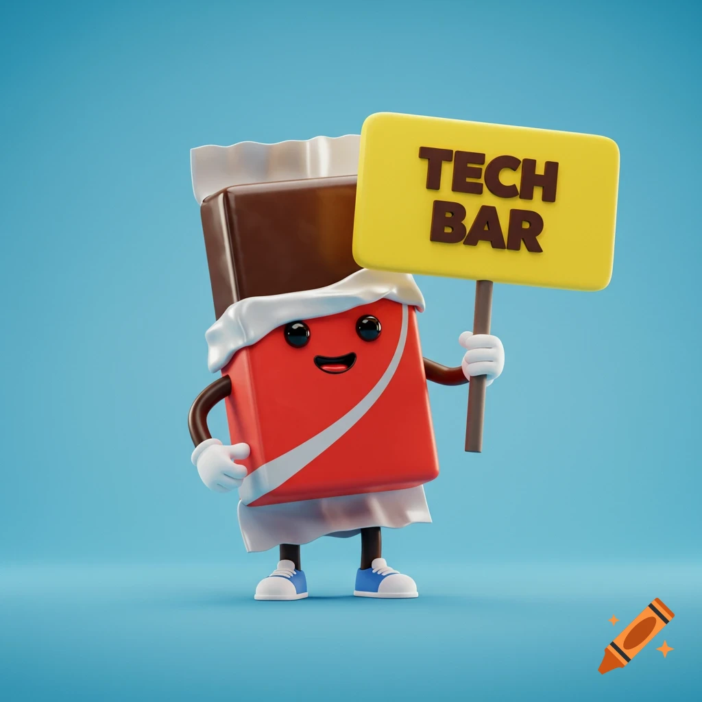 A 3D cartoon chocolate bar character holds a sign that says "TECH BAR ...