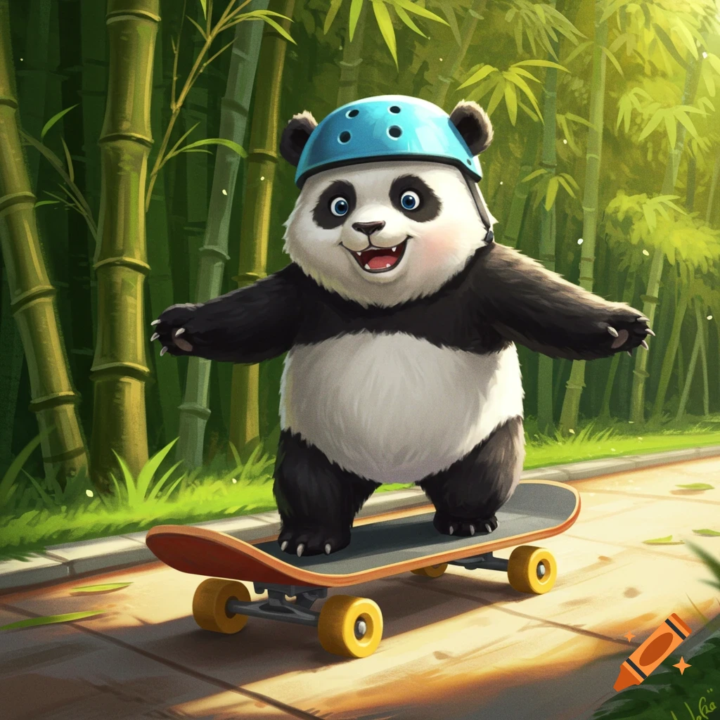 A happy cartoon panda wearing a blue helmet rides a skateboard through ...