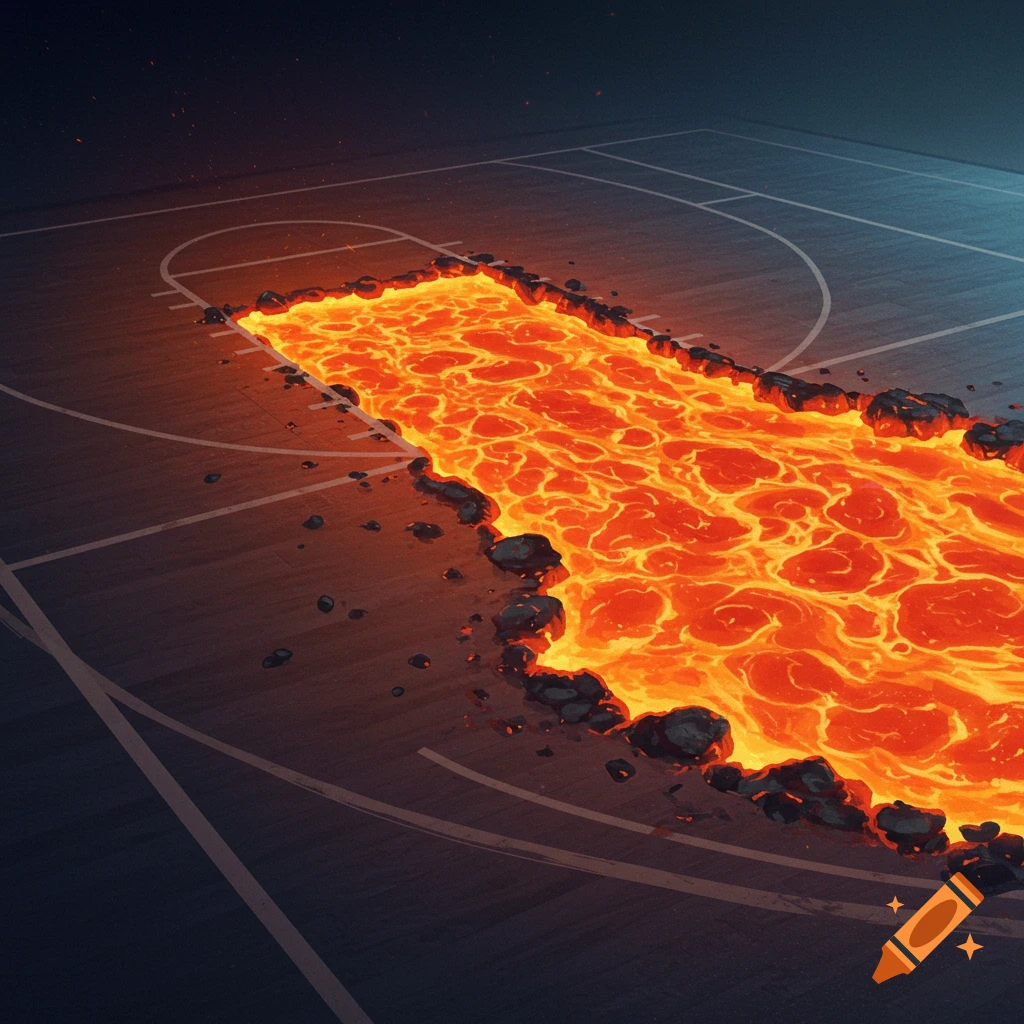 Basketball court with lava inside the three-point arc on Craiyon