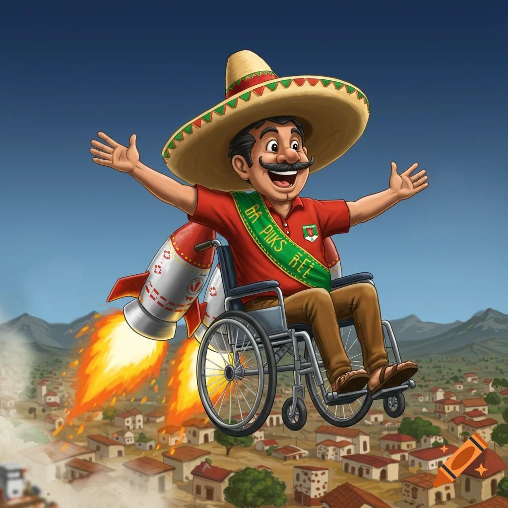 Flying Mexican man in wheelchair with rocket boosters over village on ...