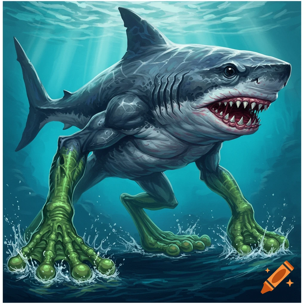 A shark monster with green, webbed frog feet stands in shallow blue ...
