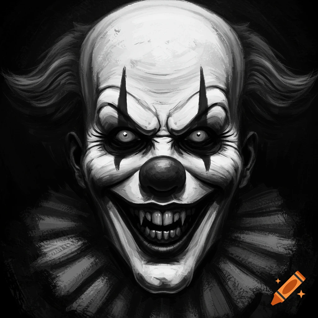 Close-up black and white illustration of a scary clown smiling with ...
