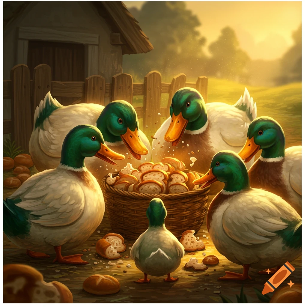 Fat ducks eating bread on Craiyon