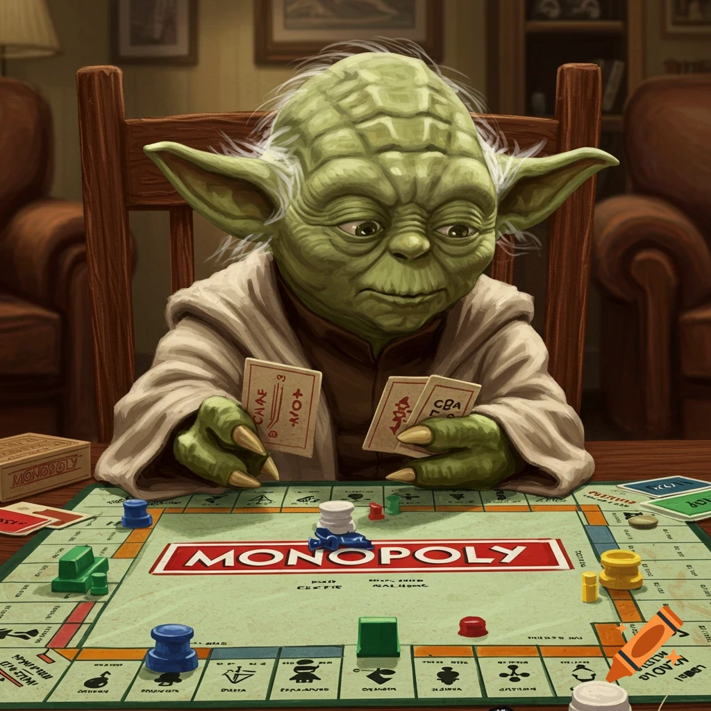 Illustration of Yoda playing Monopoly, holding cards, with game pieces ...