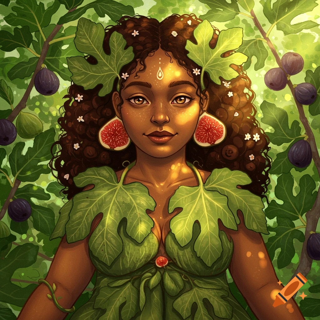Illustration of a woman with fig leaves as clothing and fig earrings ...