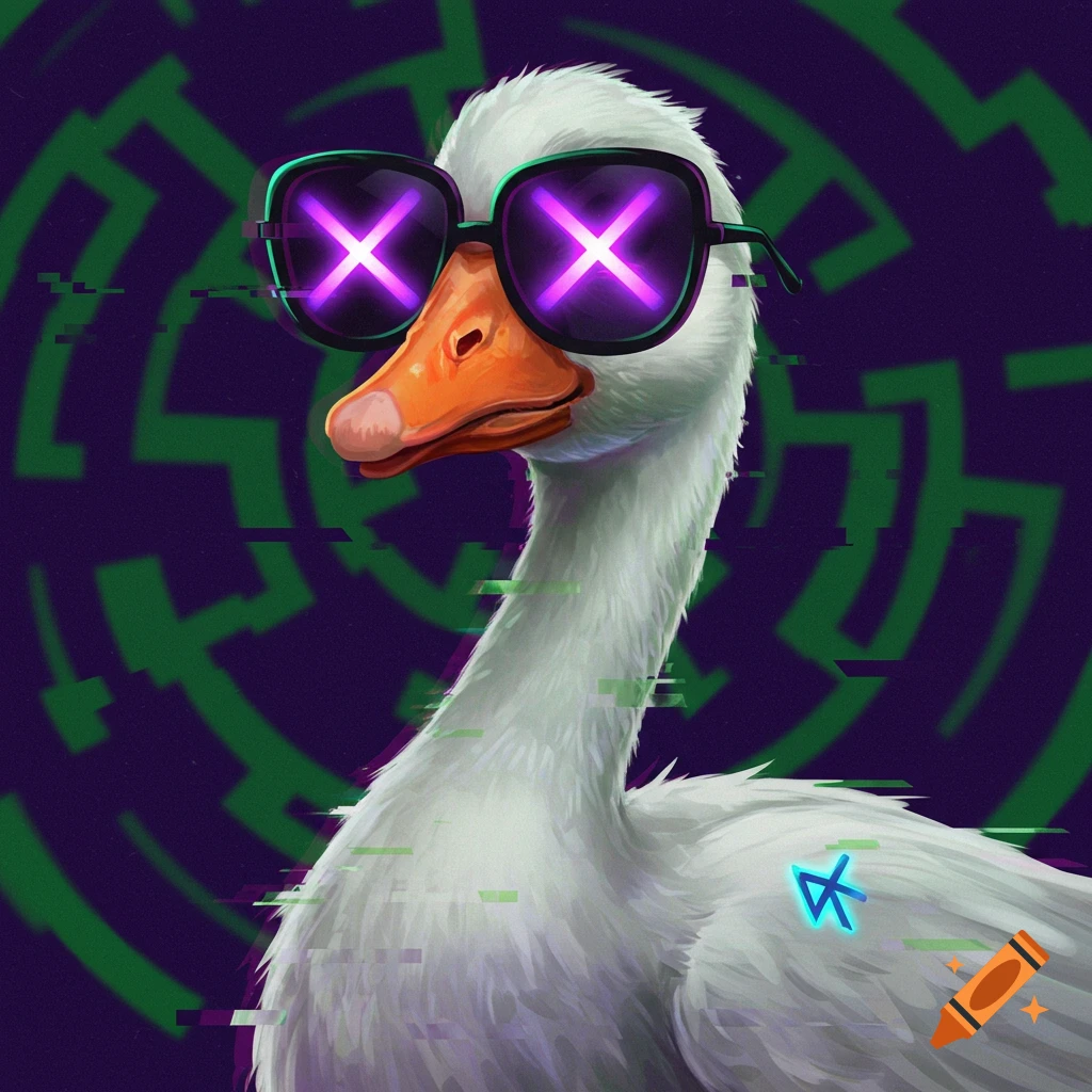 Mischievous goose with sunglasses, glitchy aura, and glowing rune. on ...