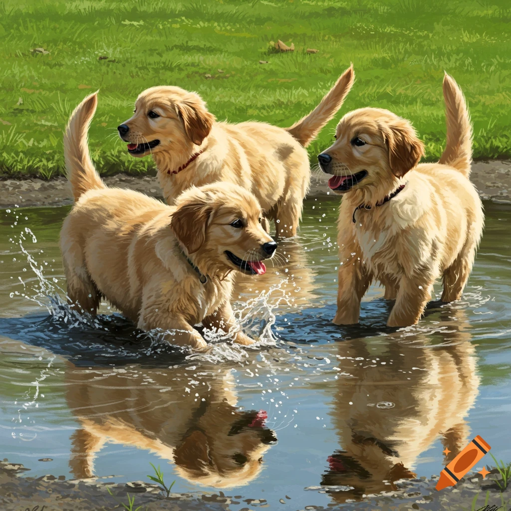 Three golden retriever puppies splashing in a puddle on Craiyon