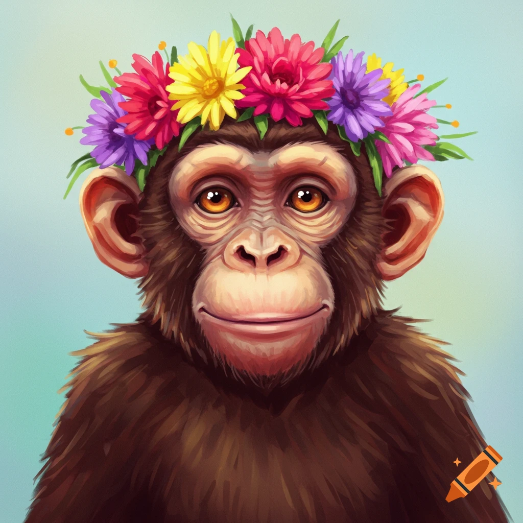 Illustration of a monkey wearing a colorful flower crown. on Craiyon