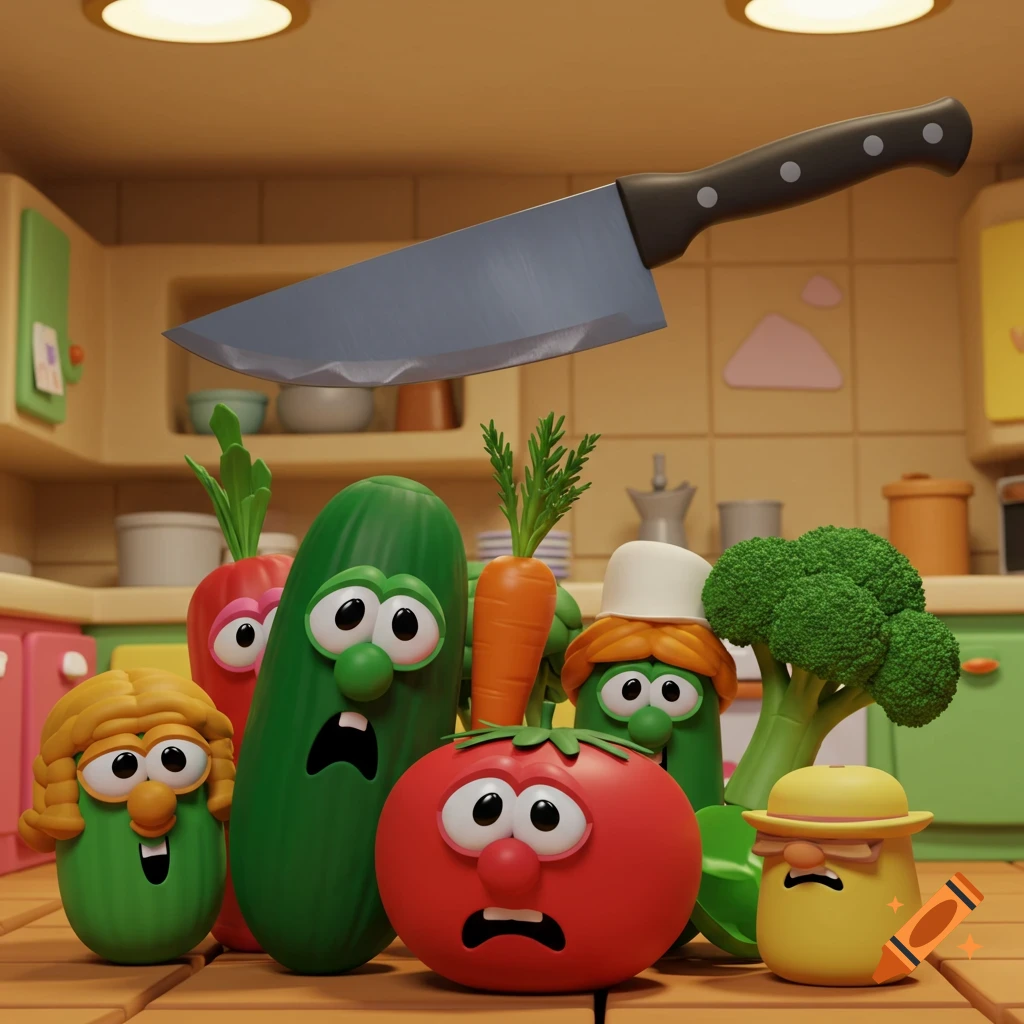 Cartoon vegetables look scared at a large hovering kitchen knife. on ...
