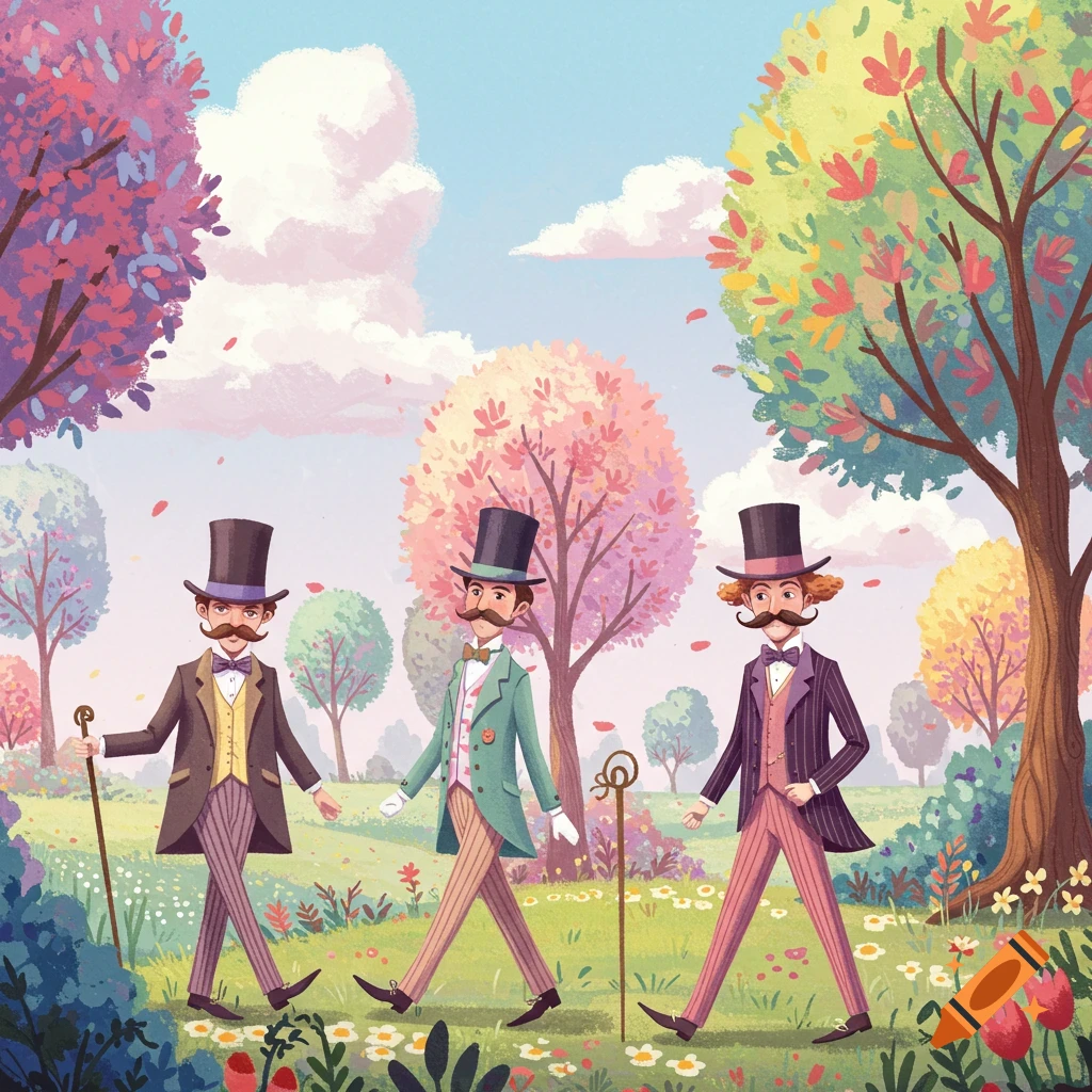 Two men in top hats and suits walk through a colorful, fantastical ...