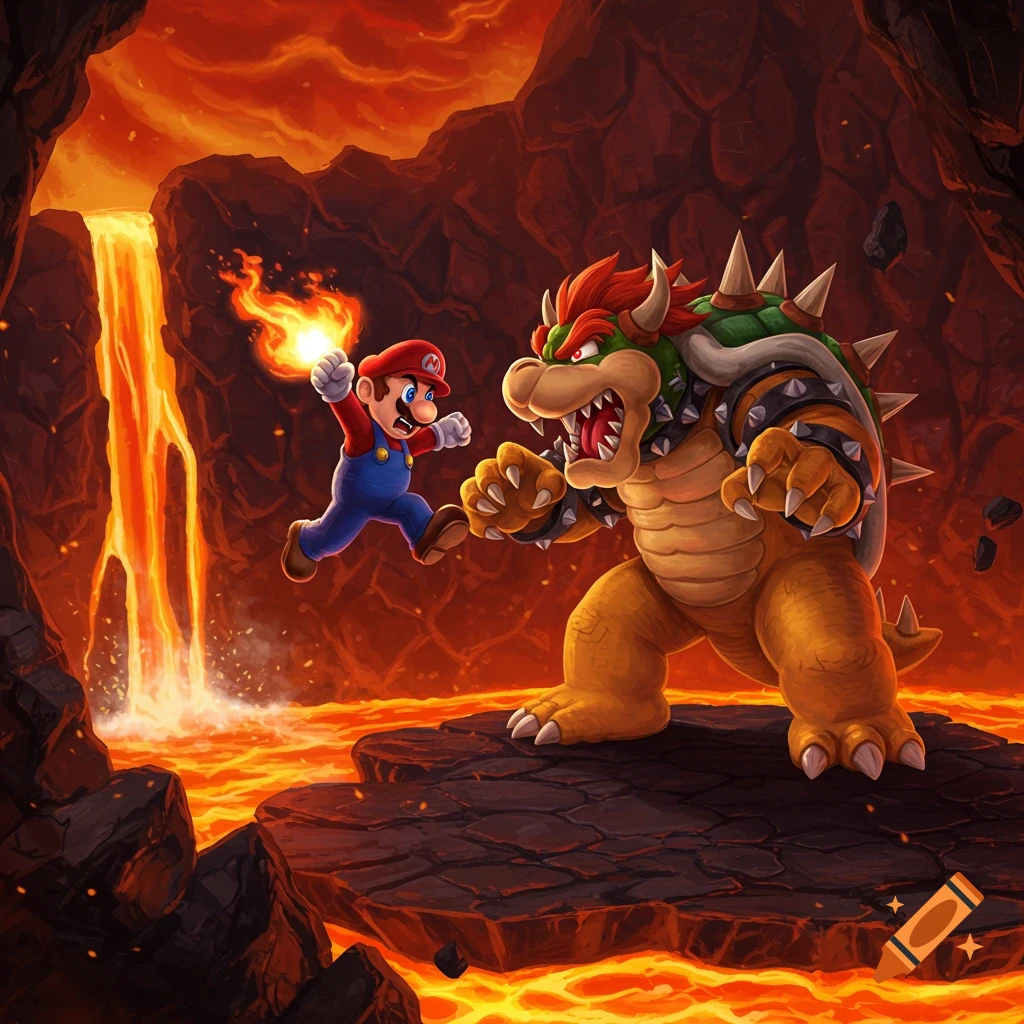 Mario fighting Bowser in a volcano on Craiyon