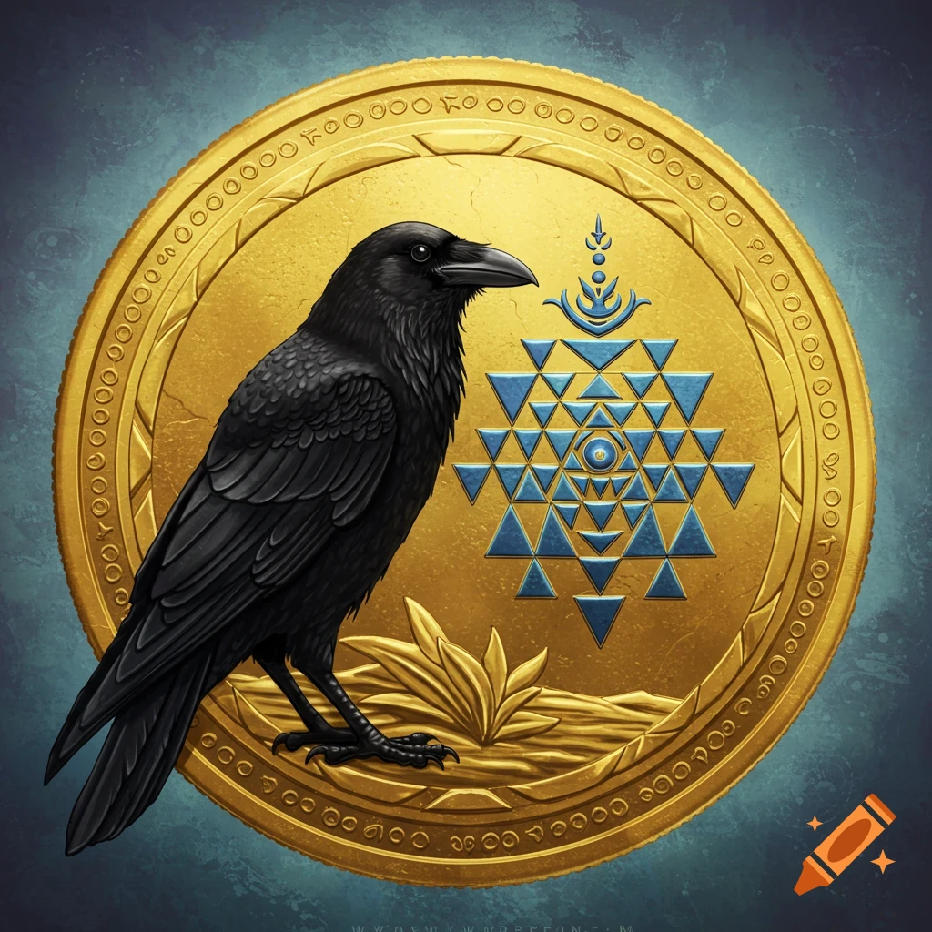Gold coin with a black crow and metallic blue sri yantra on Craiyon