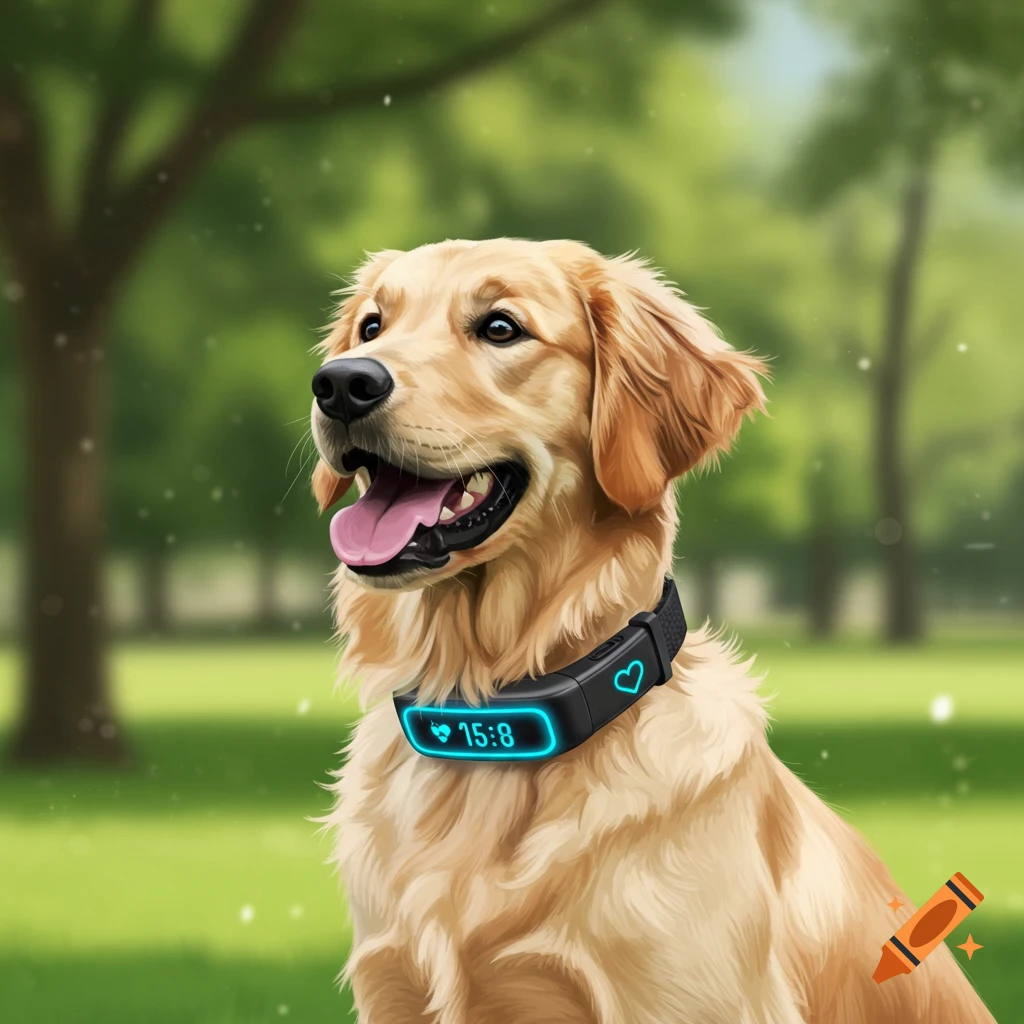 Golden retriever dog wearing a smart collar in a park. on Craiyon