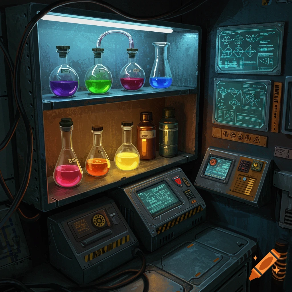 Sci-fi laboratory with chemicals and machinery on Craiyon