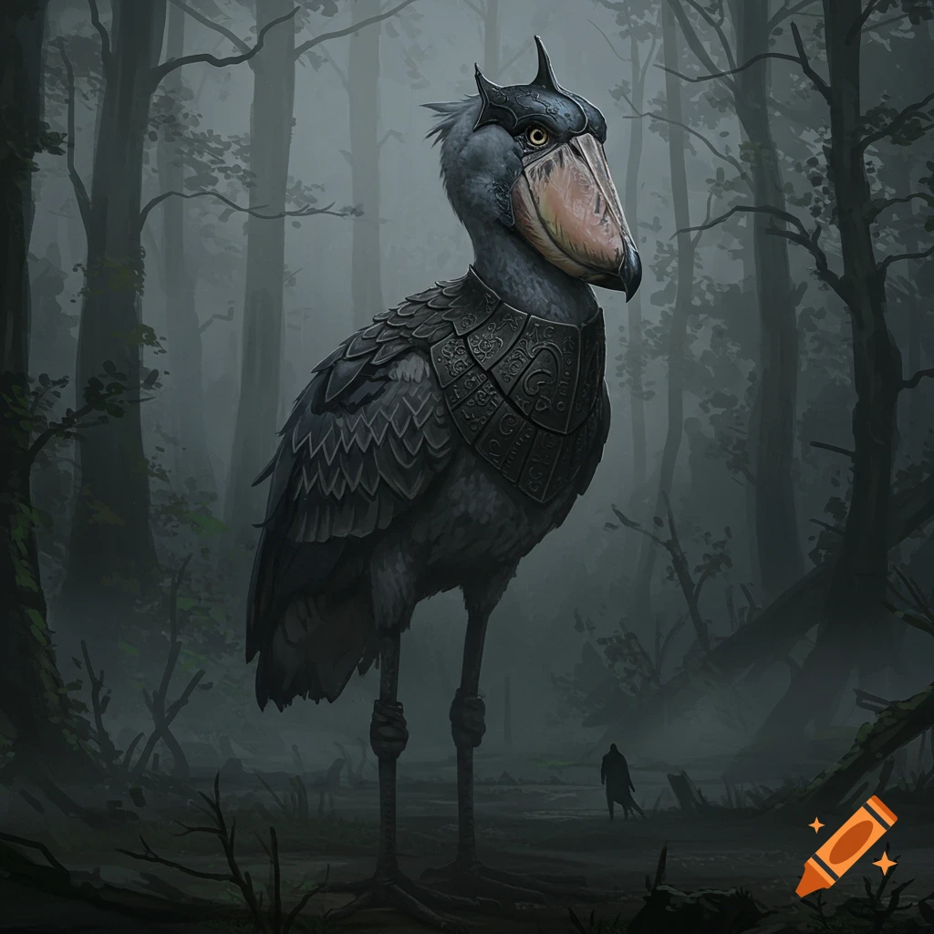 Armored shoebill stork in foggy forest on Craiyon