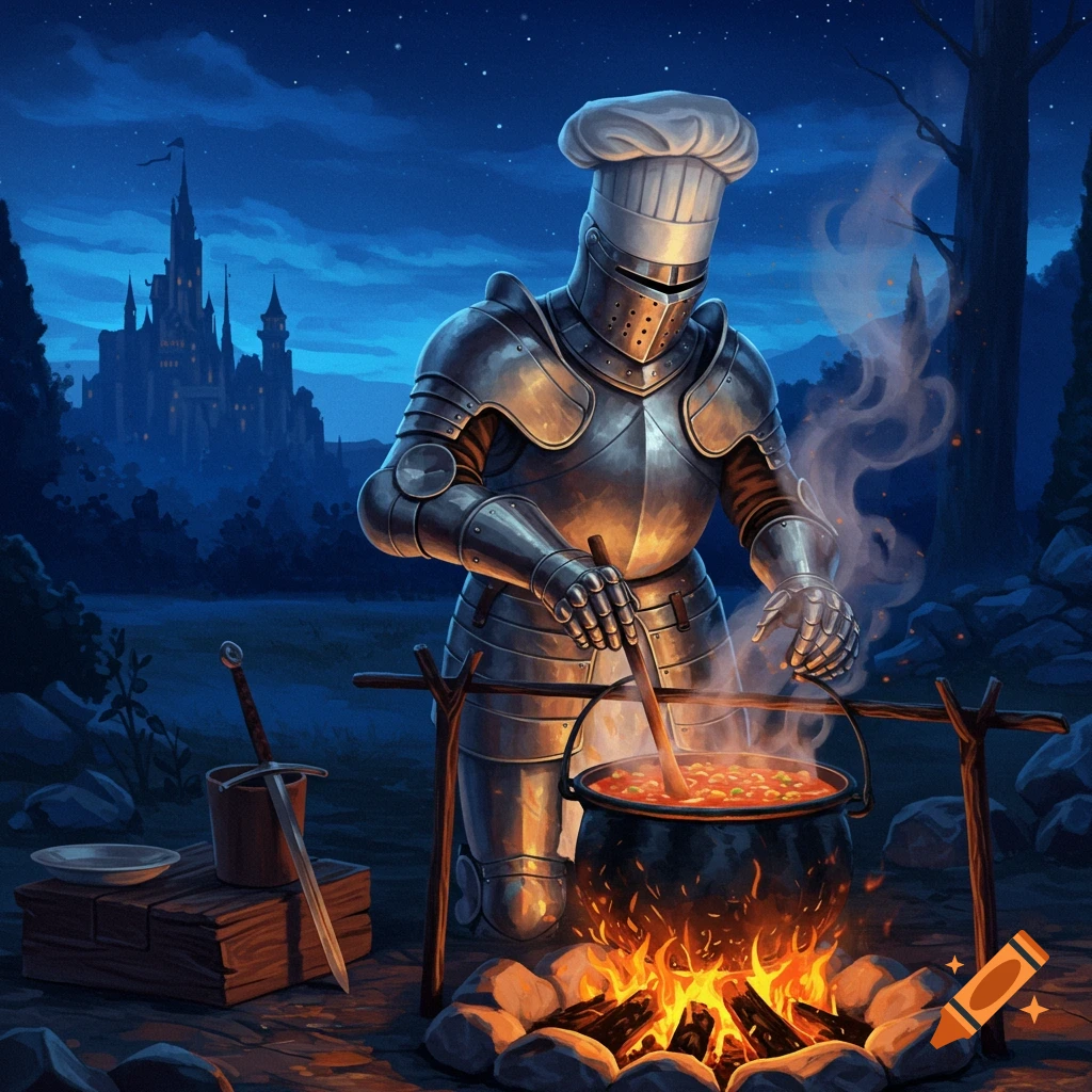 A samurai and a knight sit at a table filled with Asian and European ...