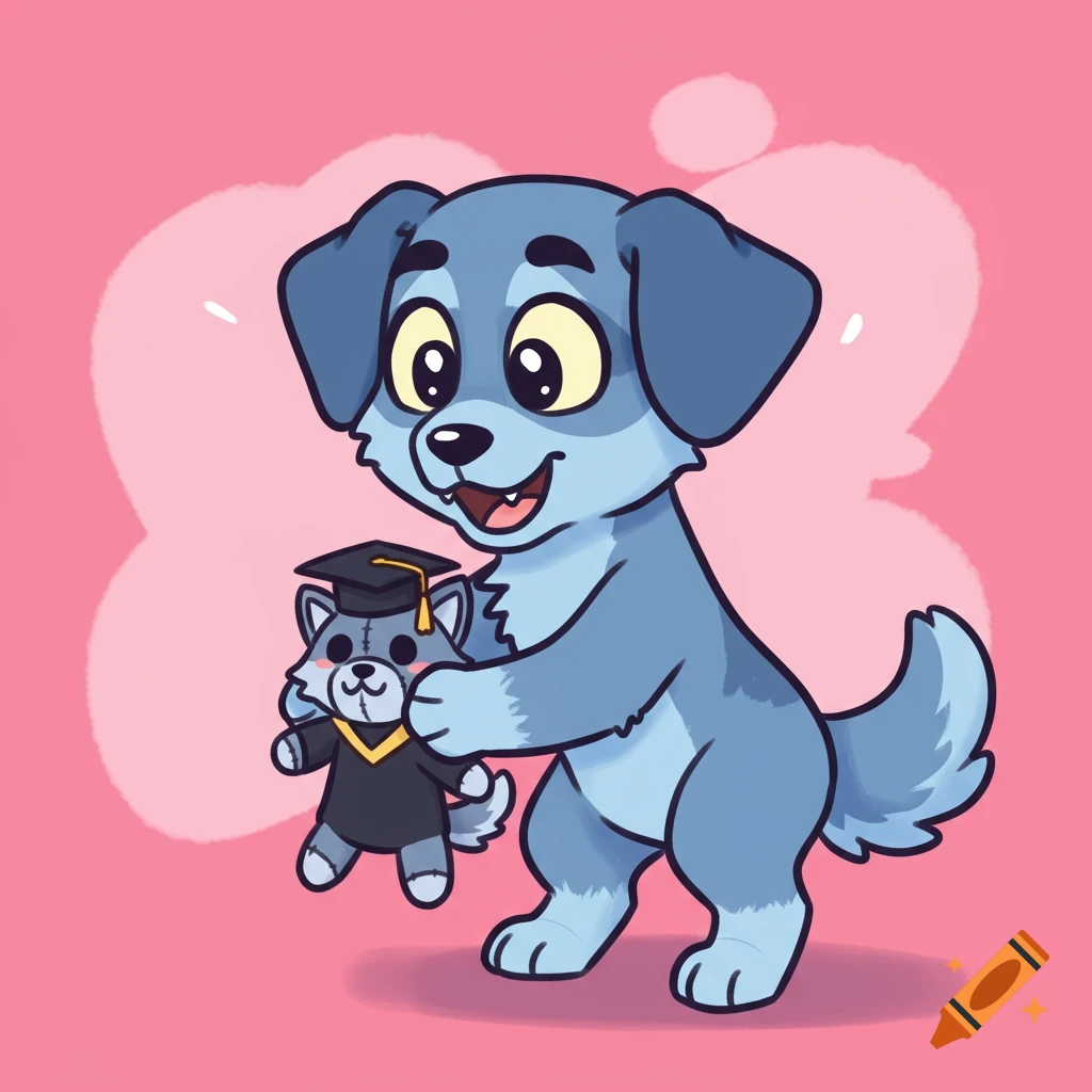 Cartoon Palmerian dog with plush wolf on Craiyon