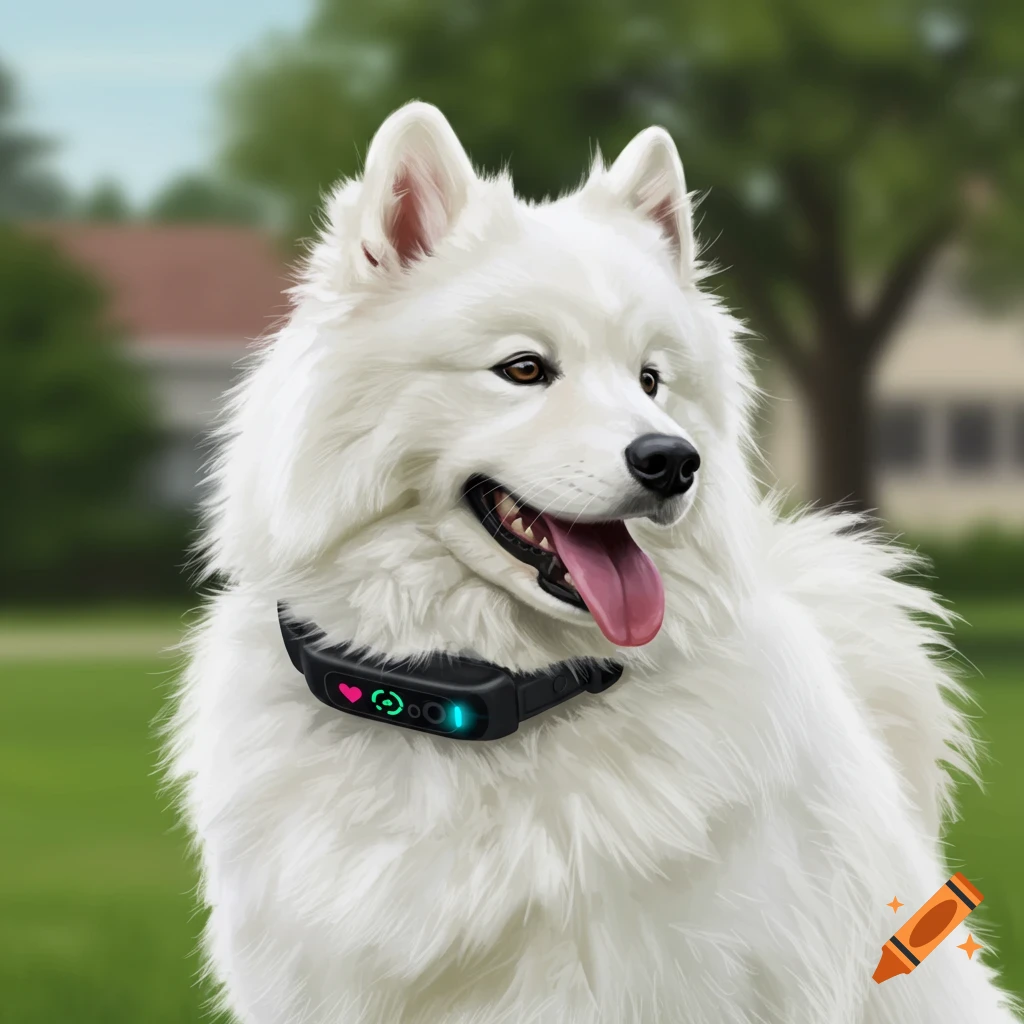 A white Samoyed dog wears a black smart collar with glowing icons ...