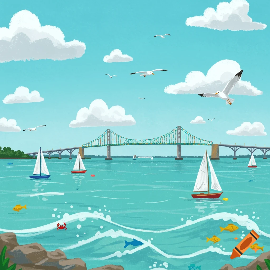 Cartoon seascape with sailboats, seagulls, and a bridge in the ...