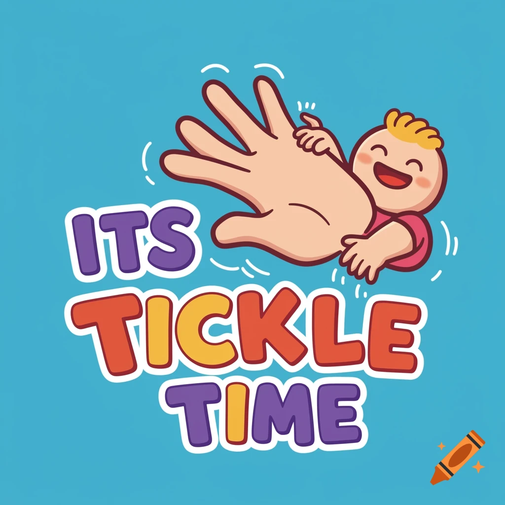 Cartoon logo with text 'ITS TICKLE TIME' showing a hand tickling a ...