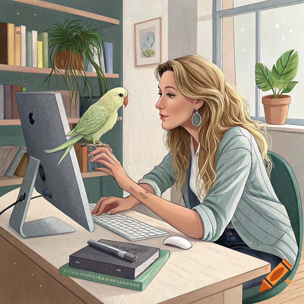 Woman at a desk with a computer talking to a parrot perched on the ...