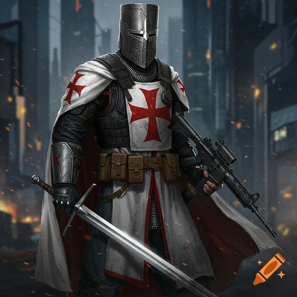 Modern Templar knight with greathelm, tabard, plate carrier, sword, and ...