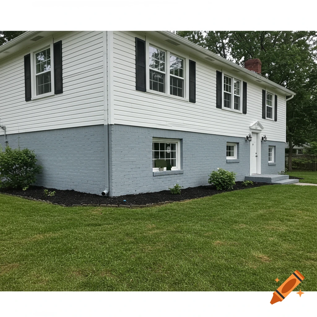 White and gray two-story house with black shutters and gutters on Craiyon
