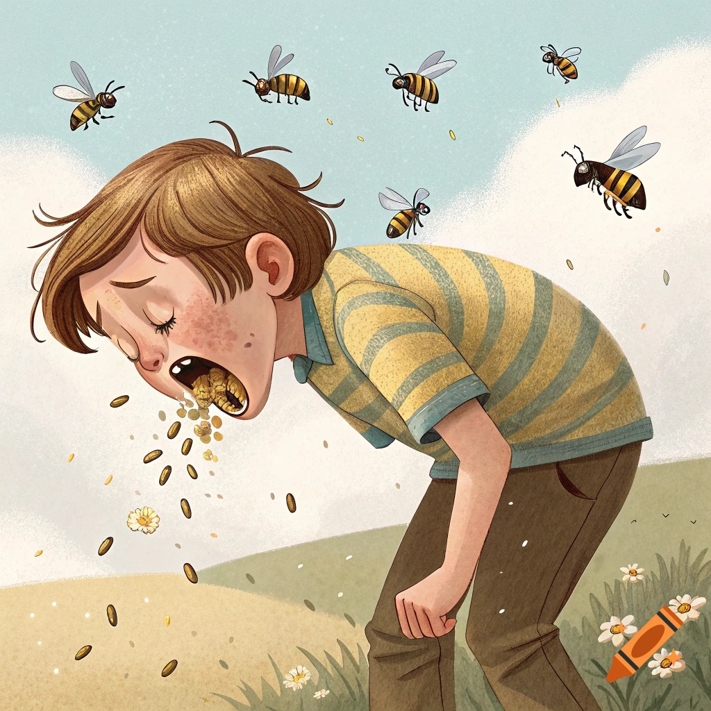 Cartoon illustration of a boy throwing up bees in a grassy field with ...