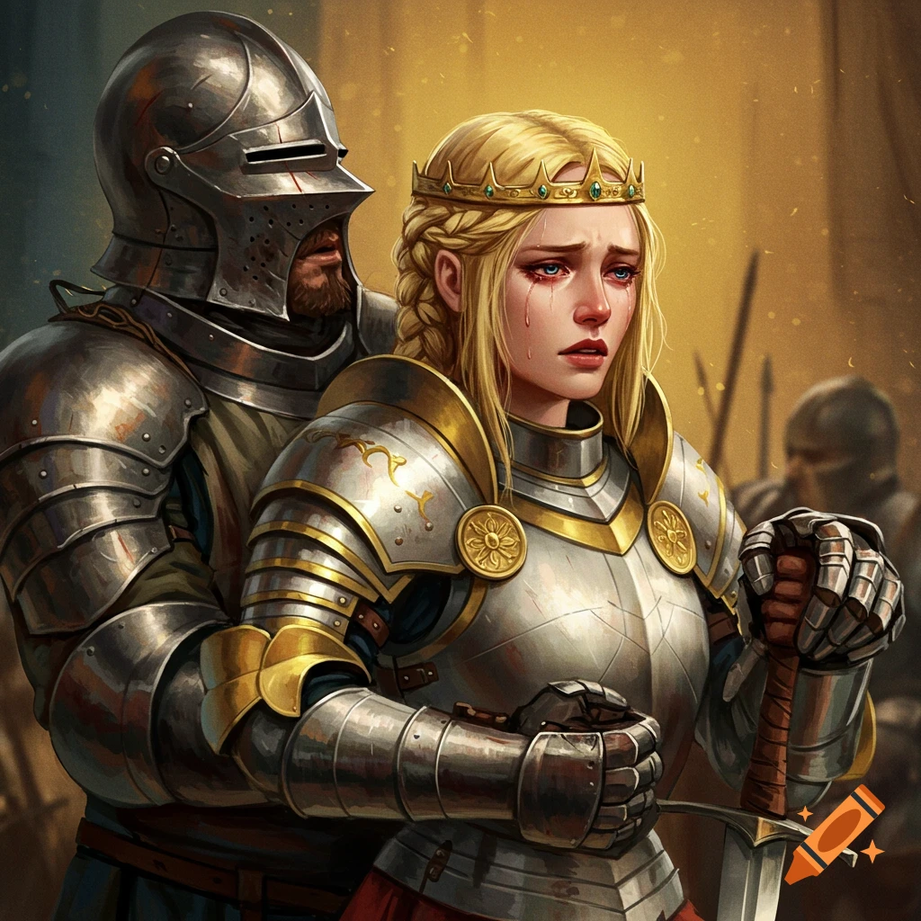 Medieval warrior princess in white and gold armor captured by enemy ...