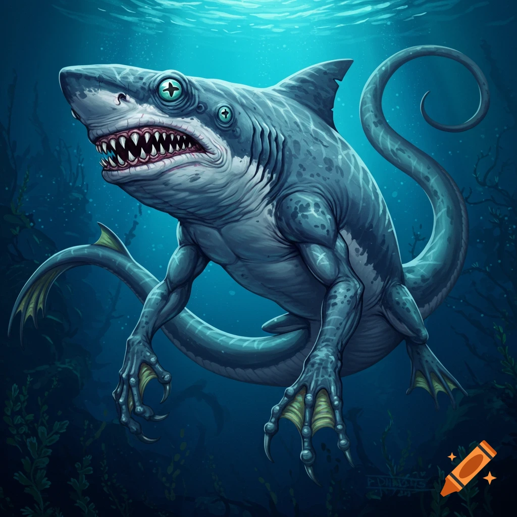 Shark monster with frog feet, snake eyes, and lizard tail on Craiyon