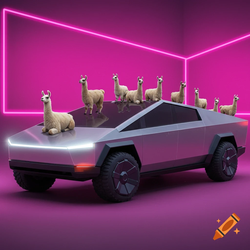 Cybertruck with llamas on Craiyon