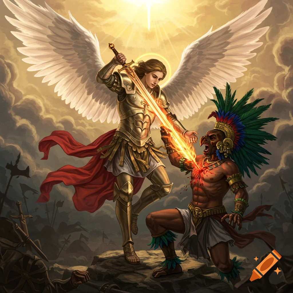 Saint Michael Archangel stabbing Huitzilopochtli with sword on Craiyon