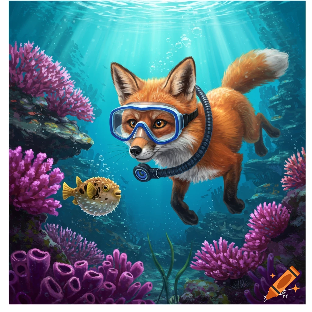 Fox wearing scuba mask underwater with pufferfish and coral on Craiyon