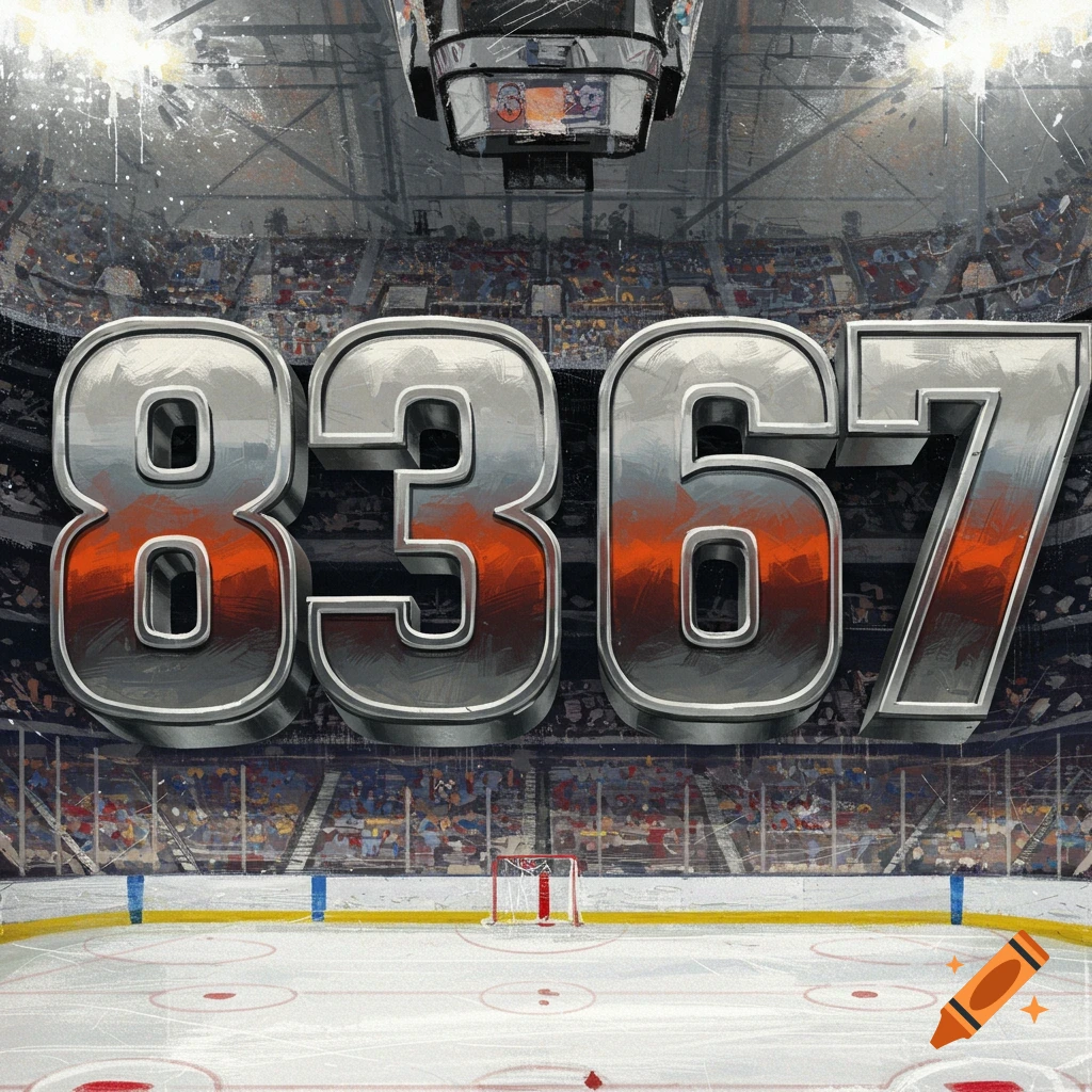 Large metallic numbers 8367 float over a hockey rink in an arena. on ...