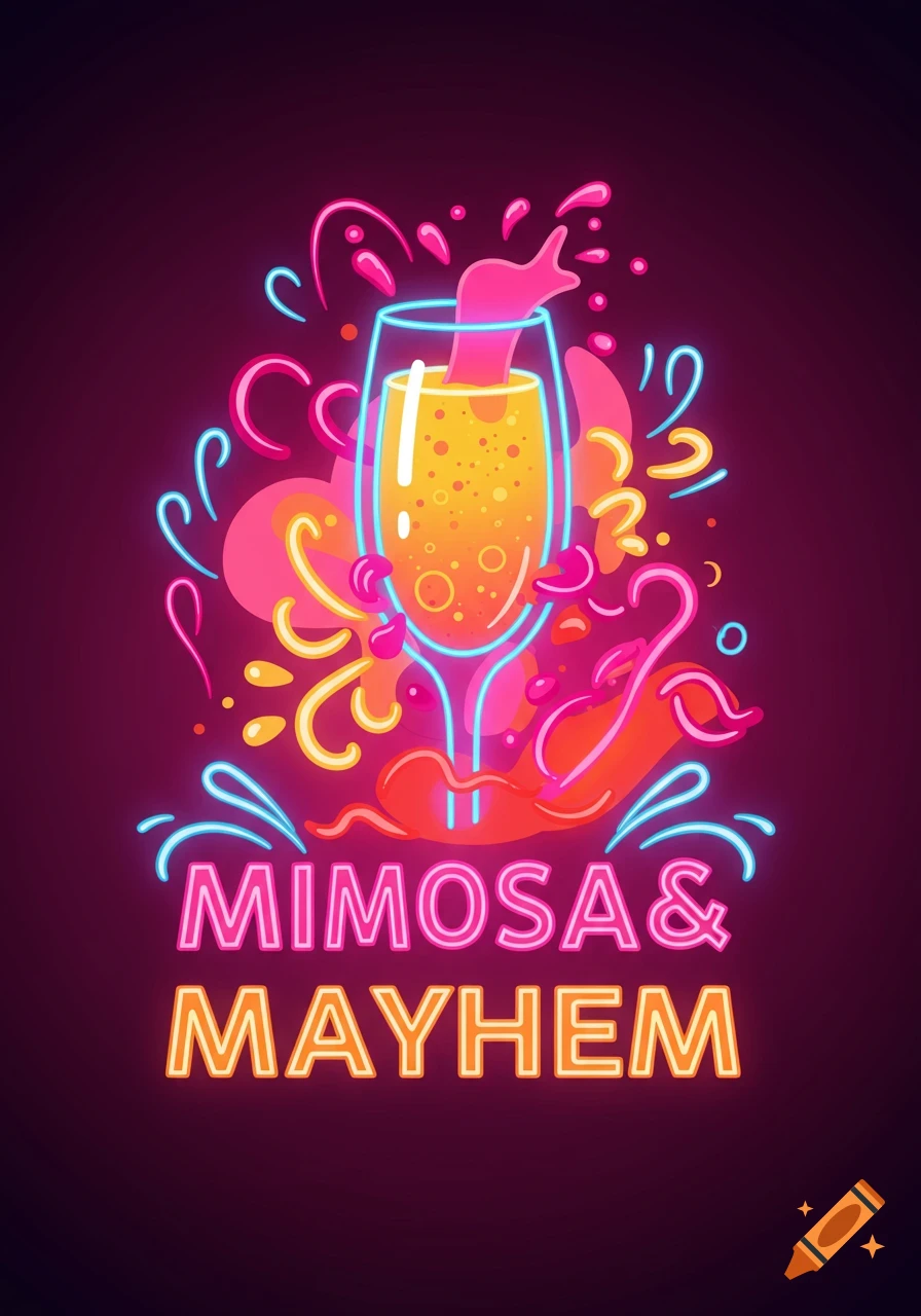 Neon art for 'Mimosas & Mayhem' Mother's Day event on Craiyon