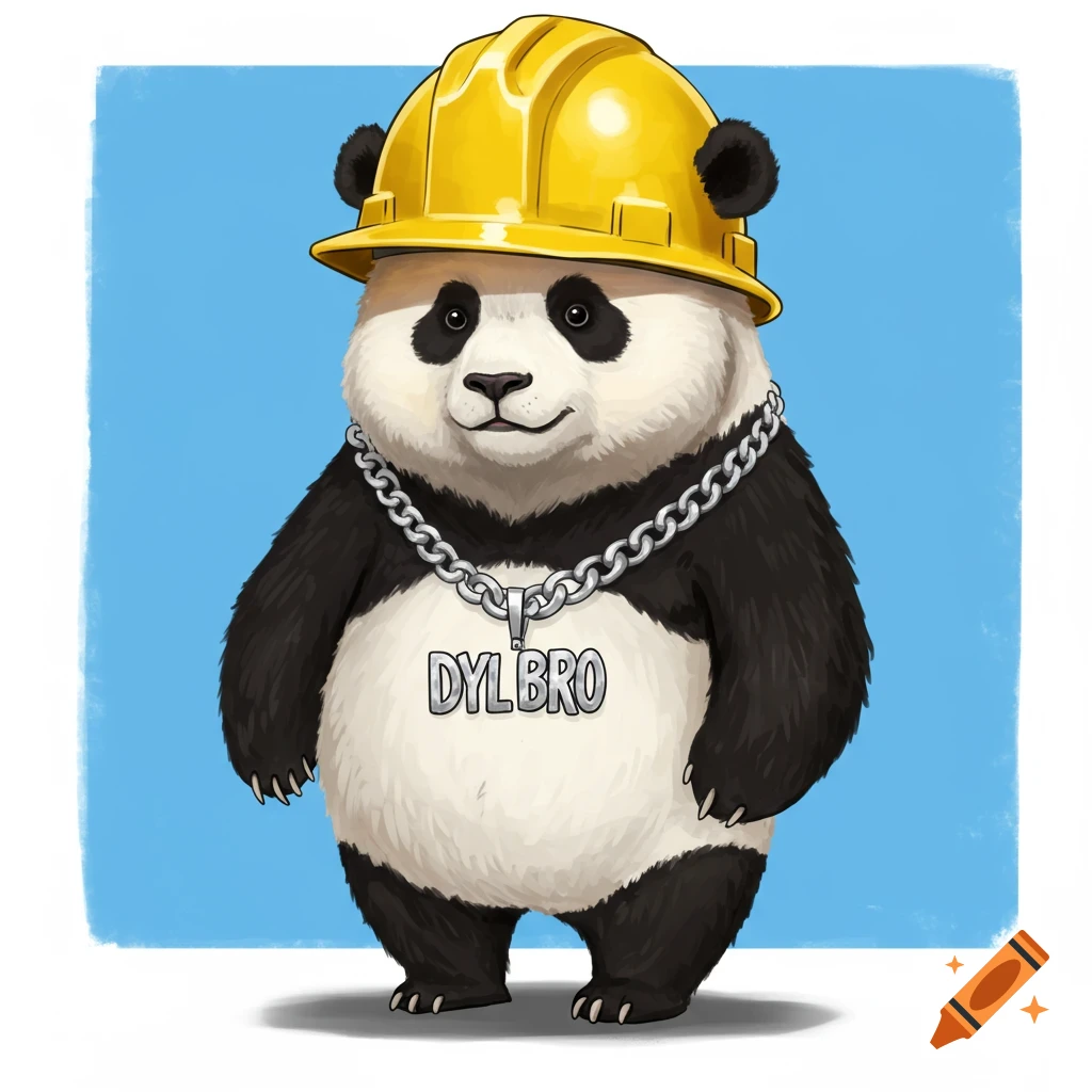 Skinny panda wearing a hard hat and 'Dyl Bro' necklace on Craiyon
