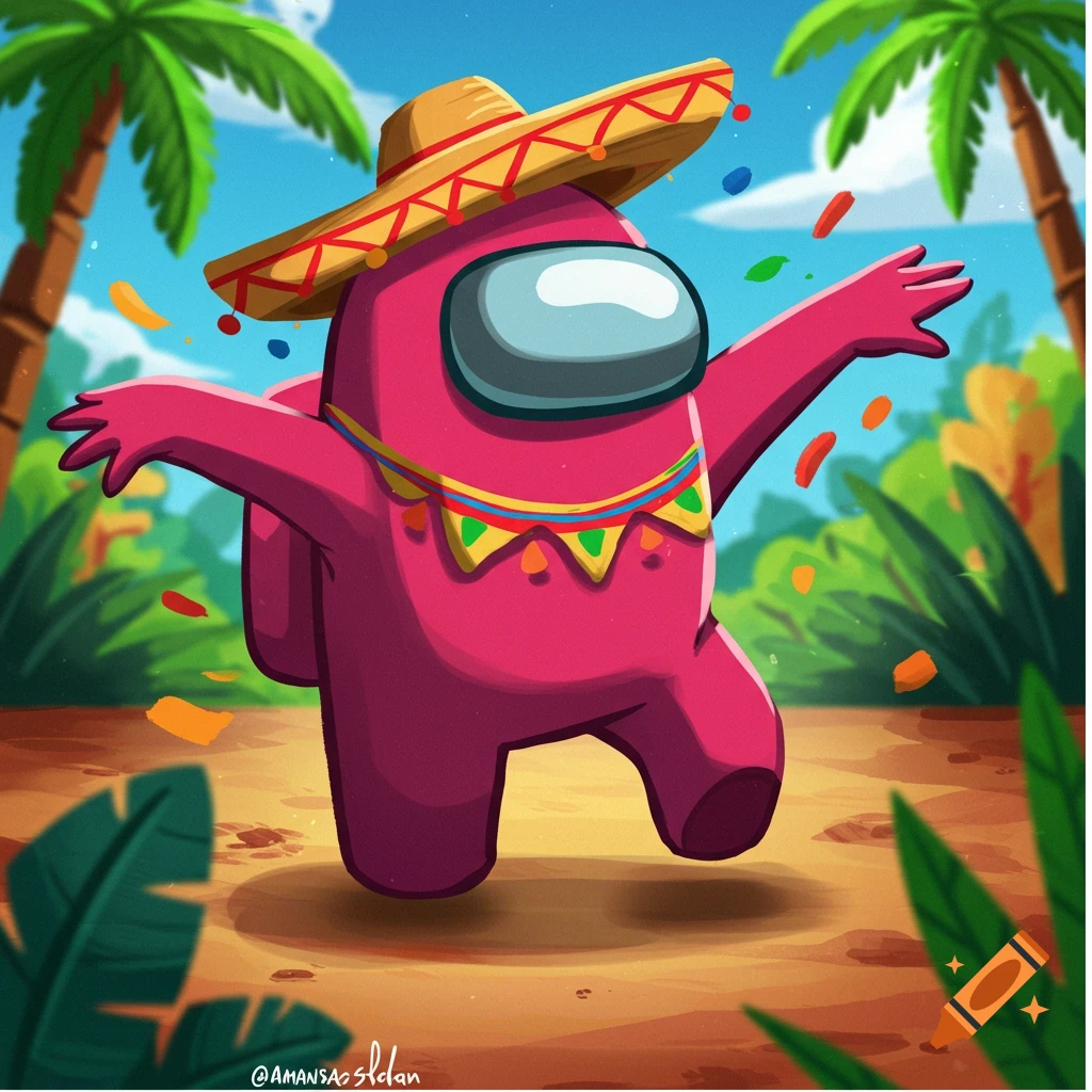 A pink Among Us character with a sombrero and garland dances in a ...