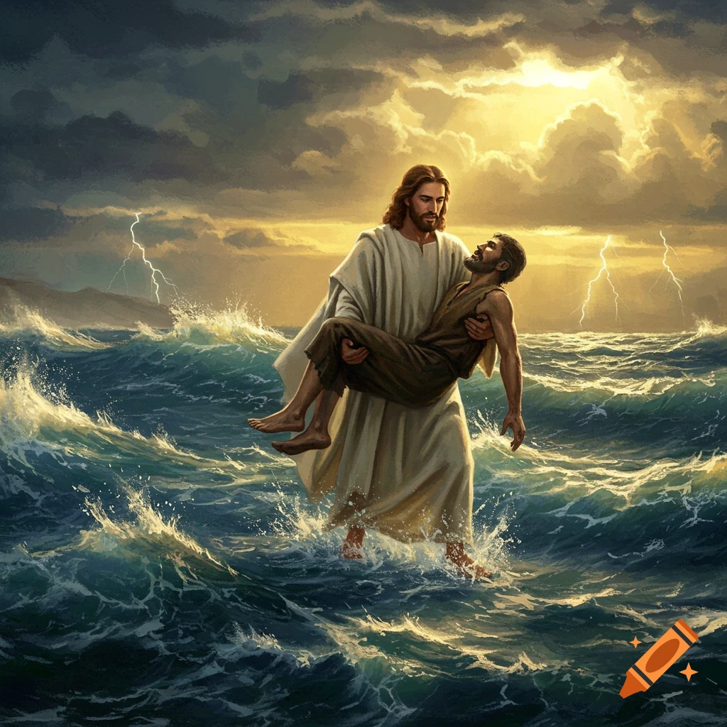 Jesus holding a man in his arms walking through a storm at sea on Craiyon