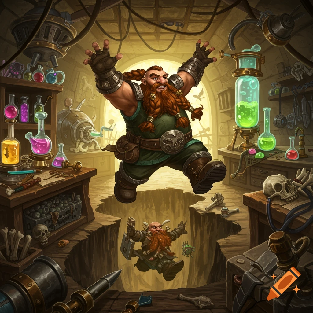 Dwarf engaged in alchemy and arcane engineering in dwarven lab on Craiyon