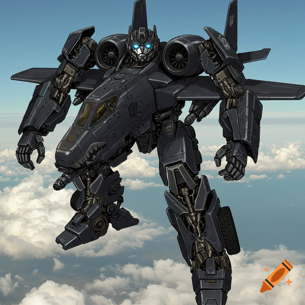 Blacked-out A-10 Warthog transformer robot with machine gun on Craiyon