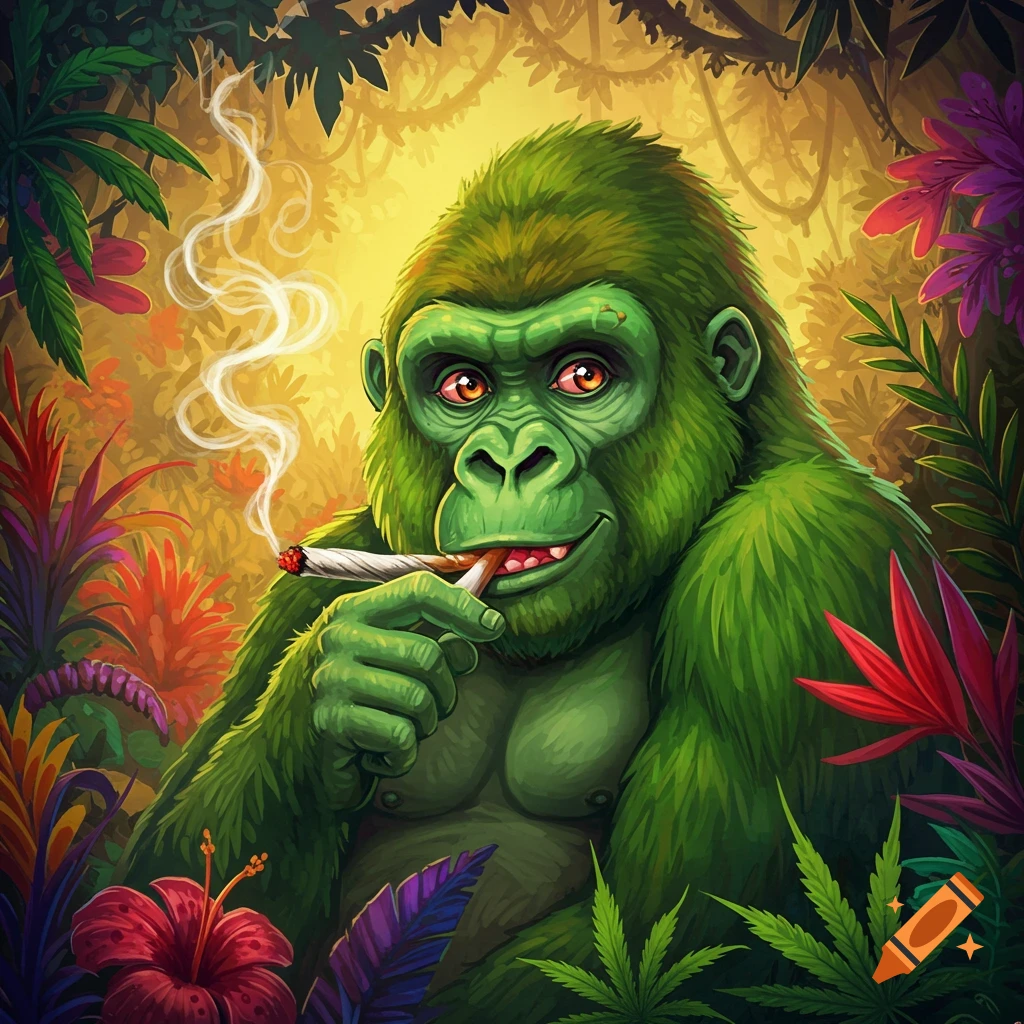 Green gorilla smoking a joint in a lush jungle setting. on Craiyon
