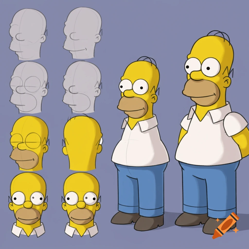 Steps for drawing Homer Simpson with finished illustrations. on Craiyon
