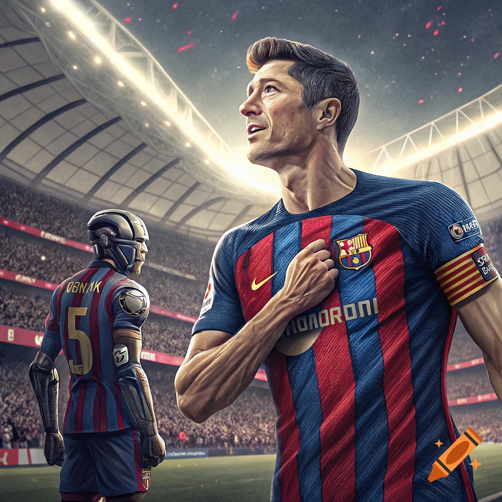 Robert Lewandowski celebrates in a stadium with a cyborg teammate ...